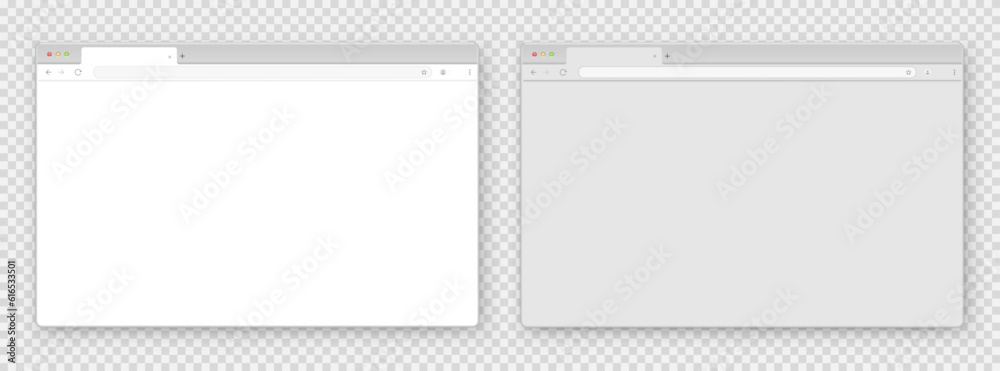 A set of browser window in white and gray on a transparent background. Website layout with ...