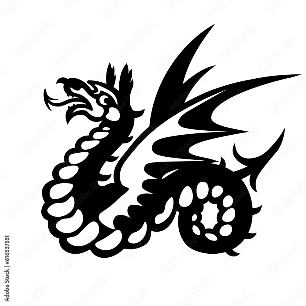 Heraldic dragon snake with wings. Symbol, sign, line, icon, silhouette ...