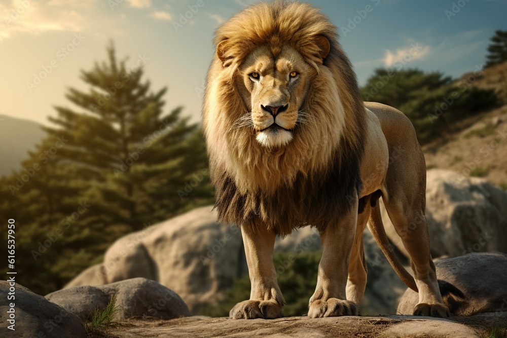 Lion standing upright and looking attentively at the camera, Generative ...