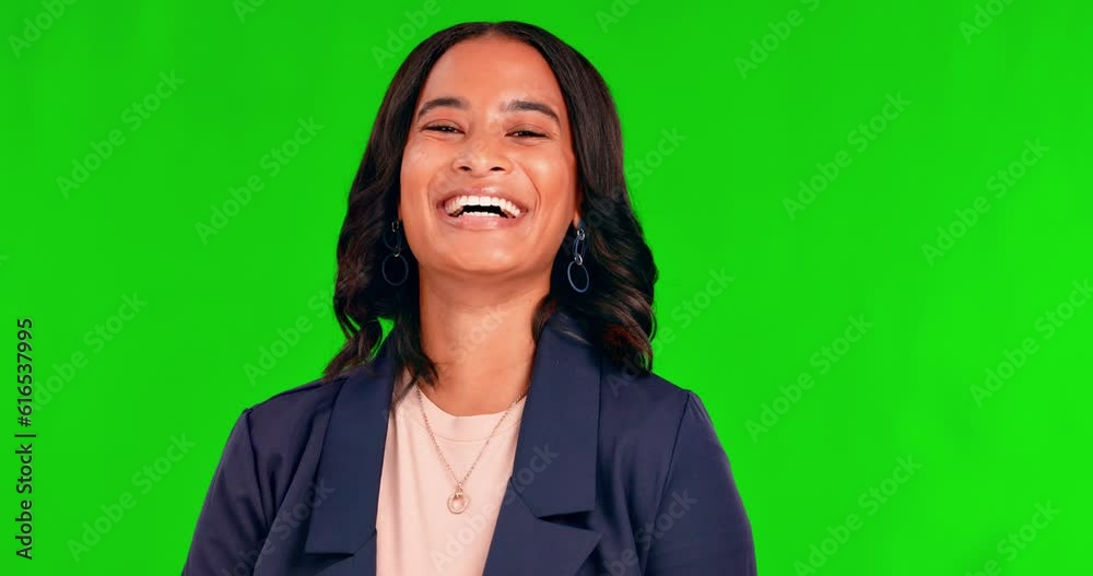 Happy, wink and face of a woman on a green screen, laughing and ...