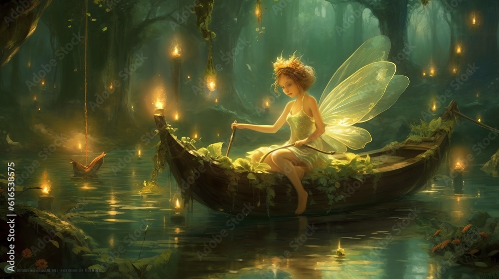 Fantasy Fairy in a magical forest wallpaper background art Stock ...