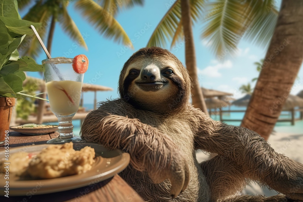 Sloth is on summer vacation at seaside resort and relaxing on summer ...