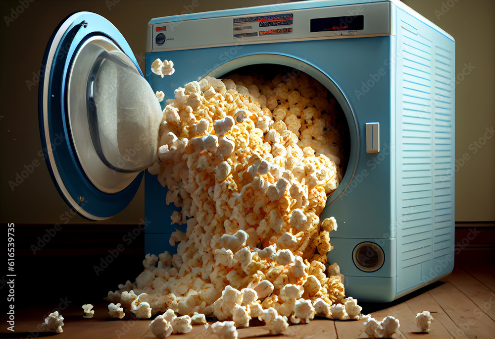 Washing machine full of crumbling popcorn. Washing machine overload ...