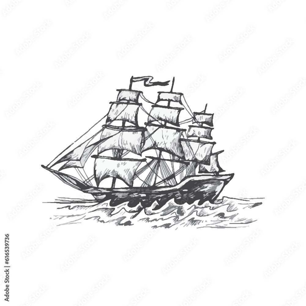 handdrawn sailing ship illustration, sailing ship drawing, sea ...