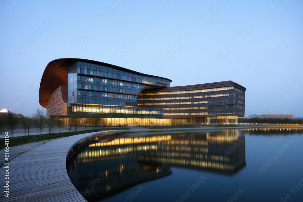 A LEED-certified office building with rooftop solar panels and ...
