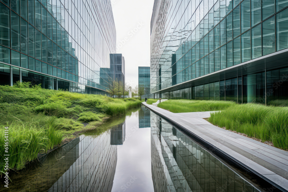 A LEED-certified office building with rooftop solar panels and ...