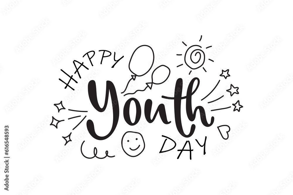 Happy Youth day handwritten text isolated on white background. Hand ...
