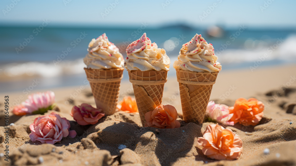 Colorful nostalgic ice cream cones in sand at beach on summer day ...