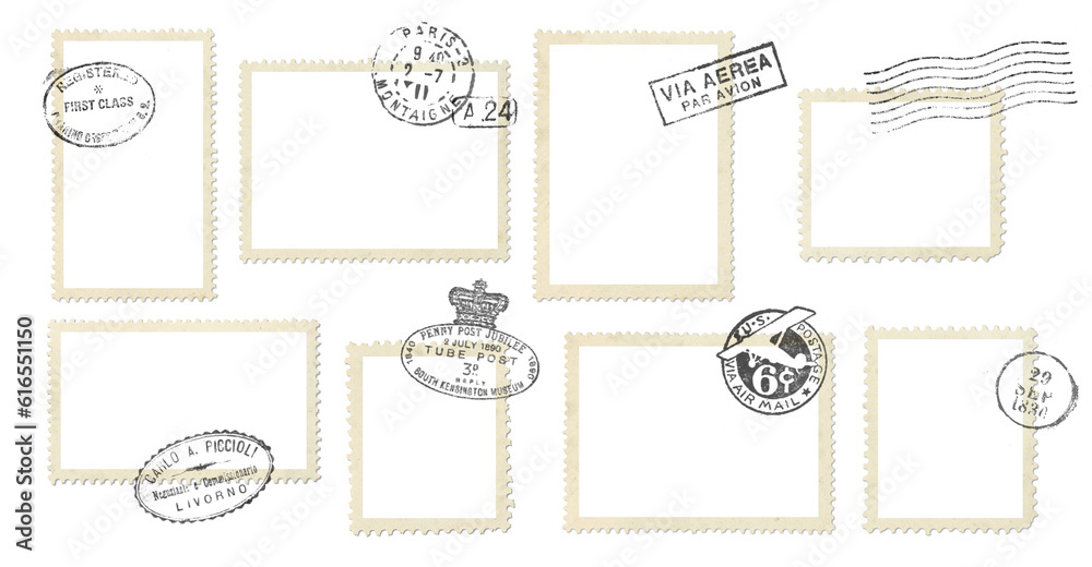 set / collection of postage stamp frames with vintage and antique ...