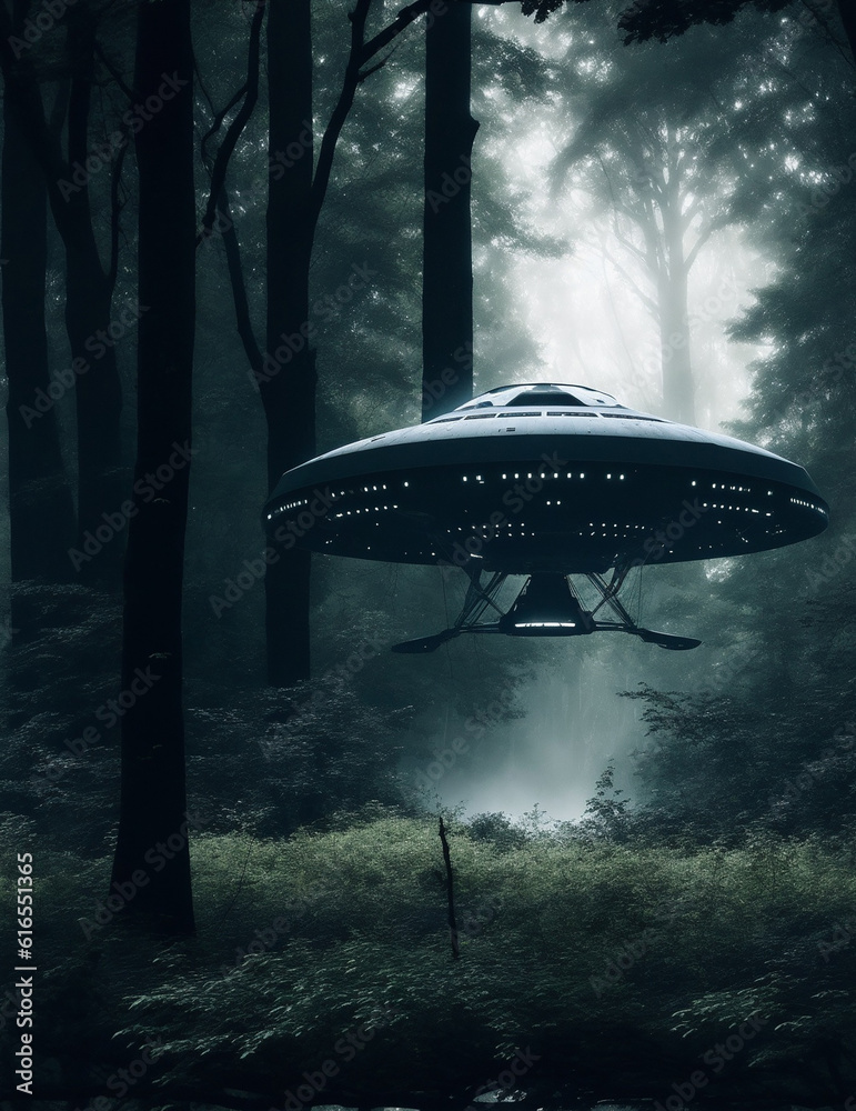 Generative ai of a ufo landing in the forest. Creepy UFO spacecraft ...
