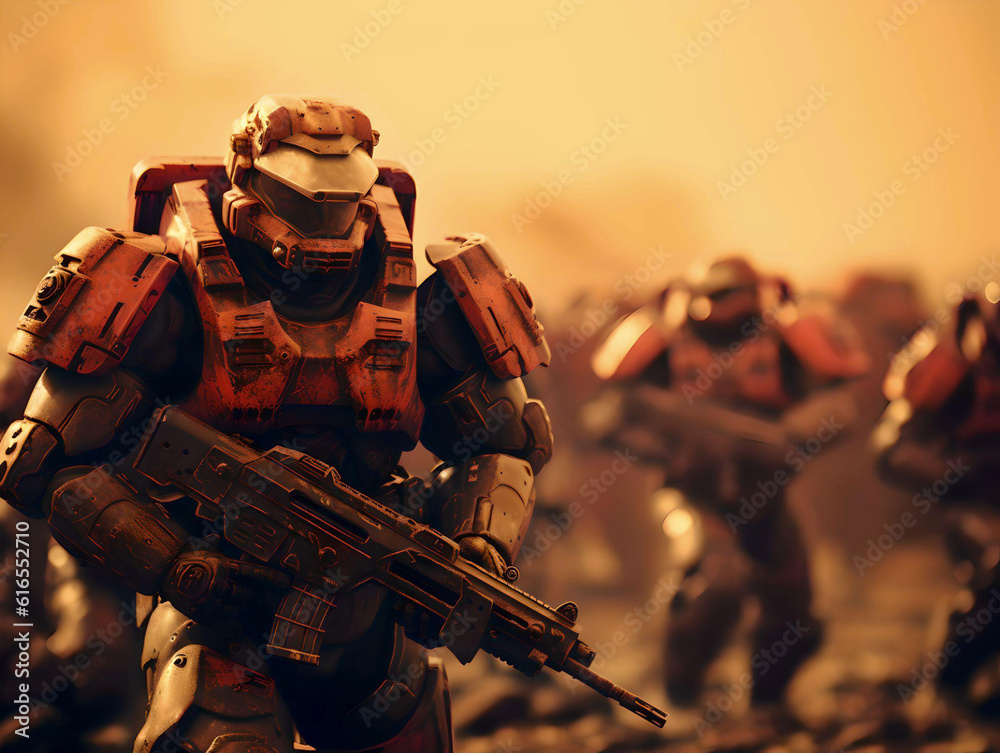 futuristic soldier in his high-tech armor with gun on a battlefield ...