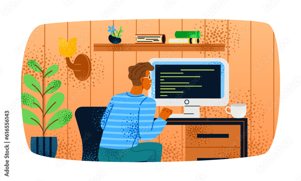 Man at home. Young guy sitting at his desk and working on computer ...