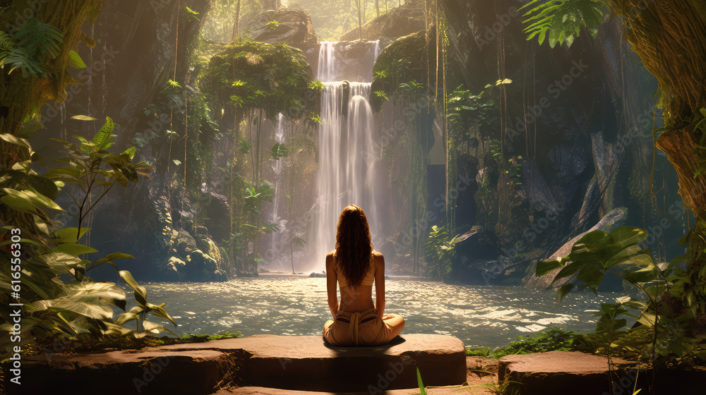 Waterfall meditation and mindfullnes lifestyle concept art, spiritual ...