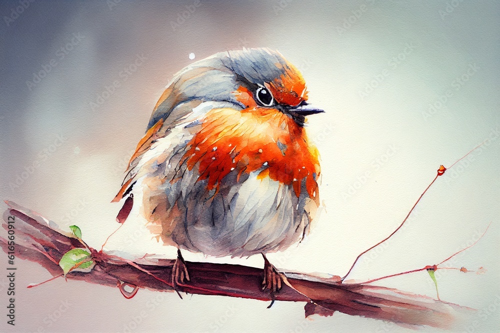 Watercolor of a robin. Small bird in a garden, hand drawn close up. An ...