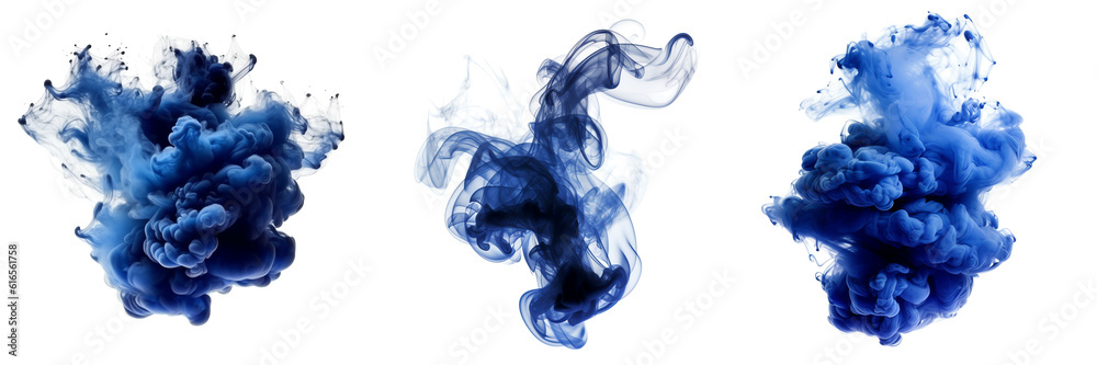 Navy blue color paint splash ink cloud in water isolated transparent ...