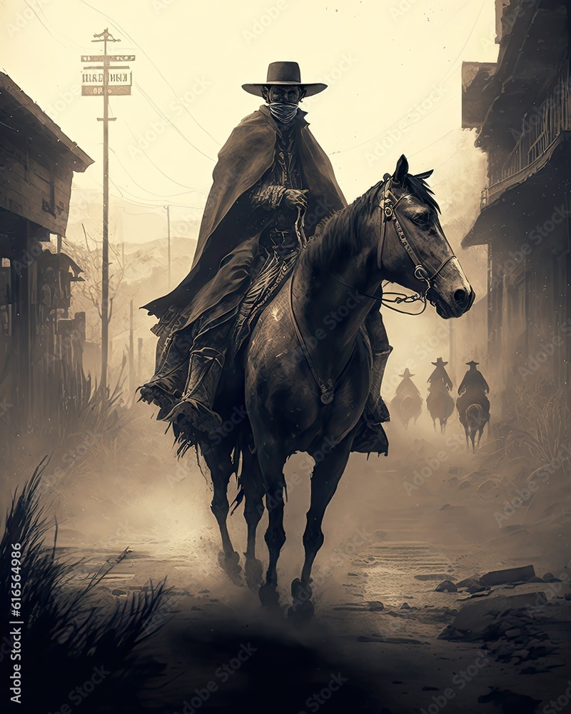 Man in long duster jacket on amazing steed horse, walking into saloon ...