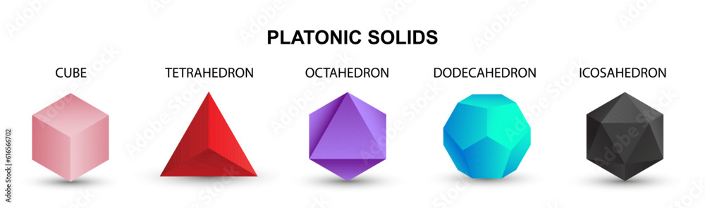 Set of colorful vector editable 3D platonic solids isolated on white ...