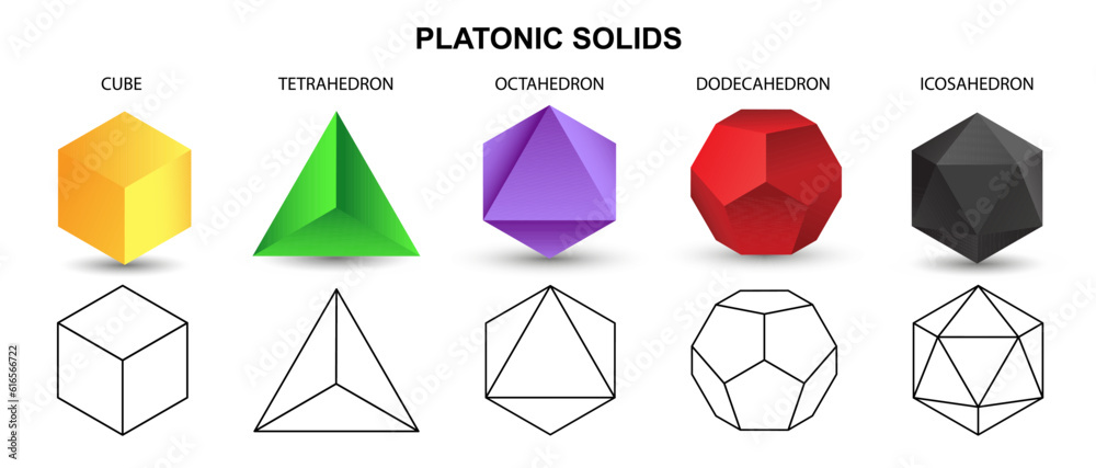 Set of colorful vector editable 3D platonic solids isolated on white ...