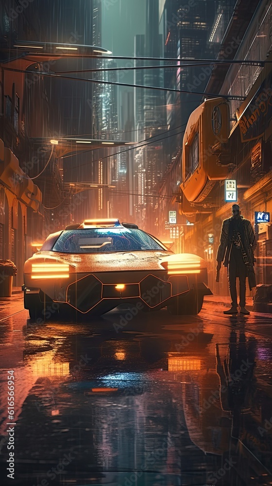 Future cyberpunk city. Urban road. Night lights on street cityscape ...
