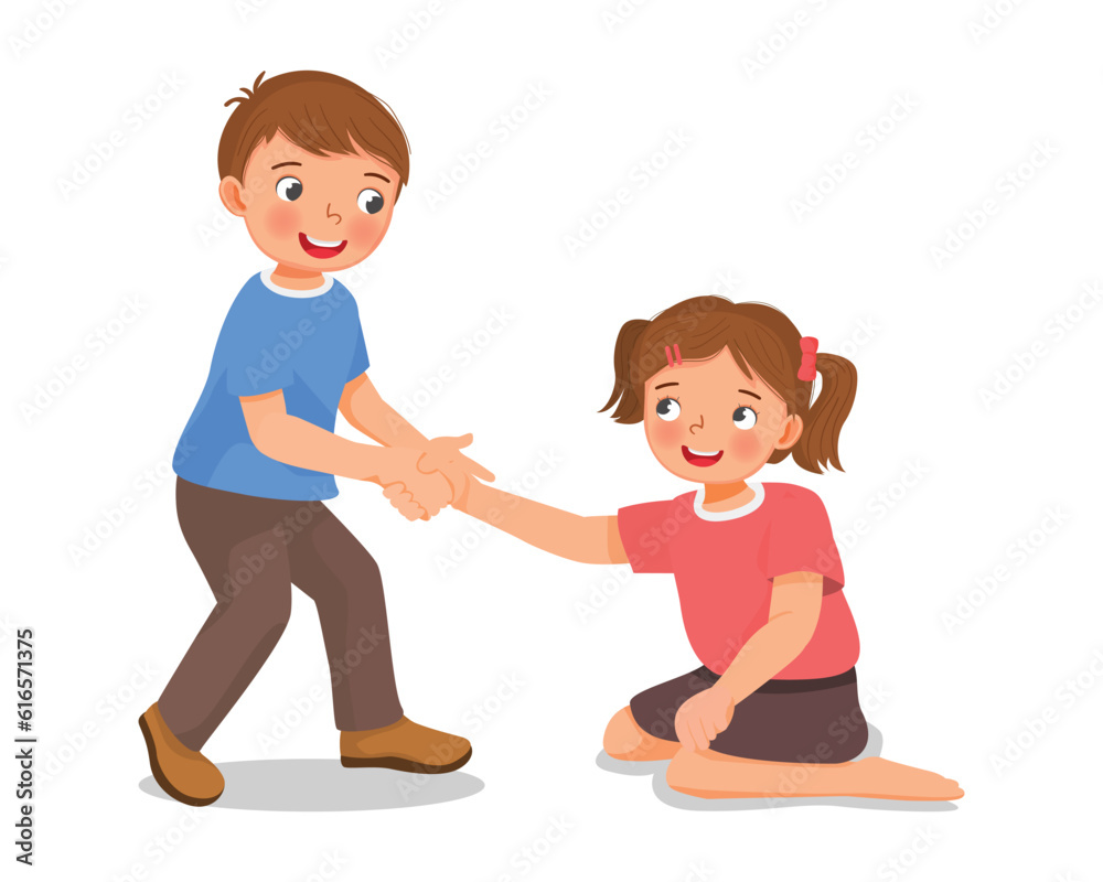 Cute little boy helping his girl friend who has fell on the floor to ...