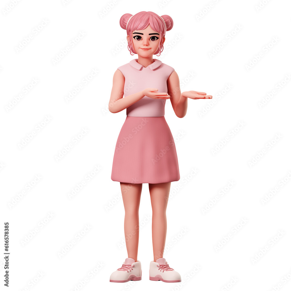 Cute female character with double buns Show presenting pose to Right ...