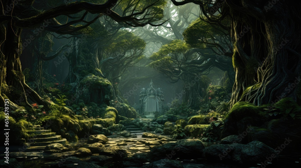 N ancient mystical forest with tall twisted trees background. Created ...