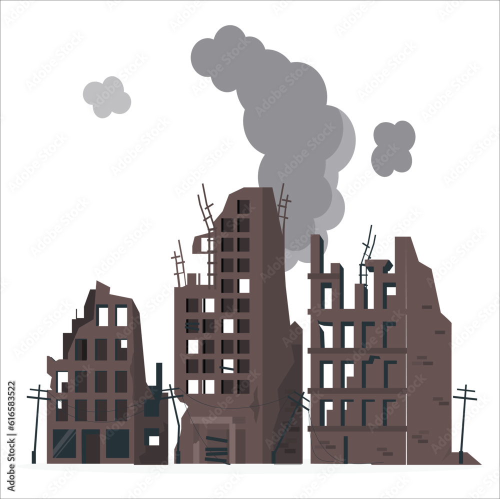 Destroyed city concept landscape background illustration, building ...