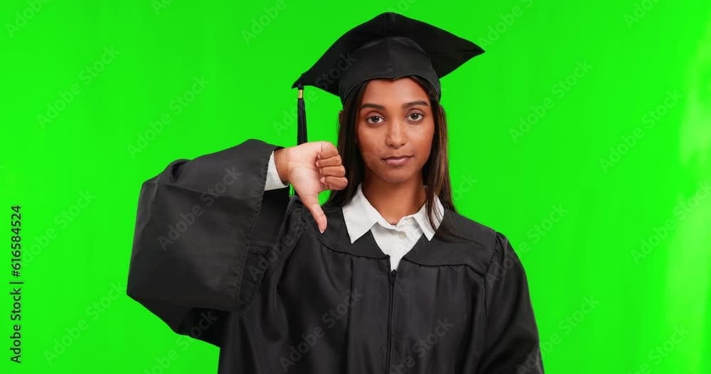 Green screen, portrait and graduate with hand sign for opinion, choice ...