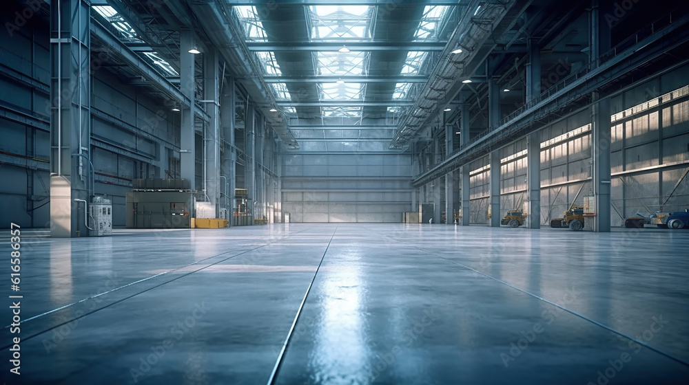 The interior of a big industrial building or factory with steel ...