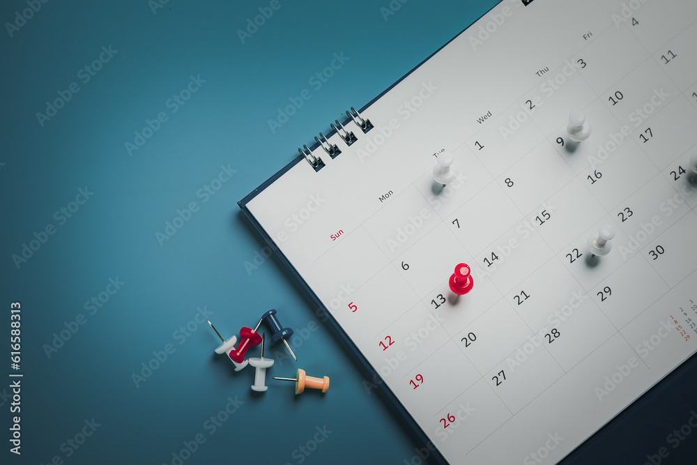 Embroidered red pins on a calendar event Planner calendar,clock to set ...