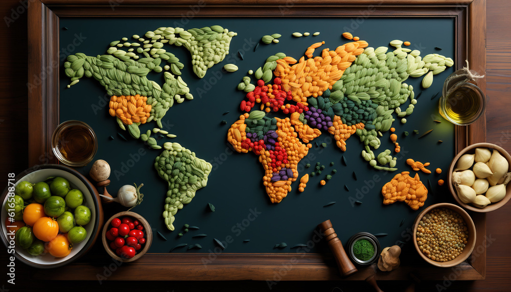 Map of the world with vegetable and fruit. dark background, Generative ...