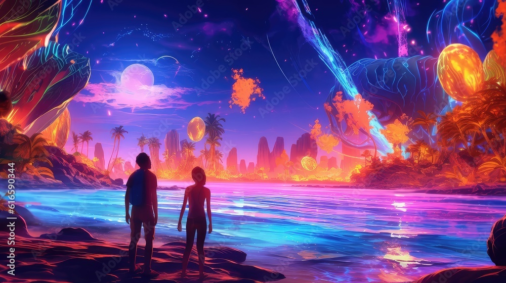 Colorful Neon fantasy sea beach for background on presentation ...