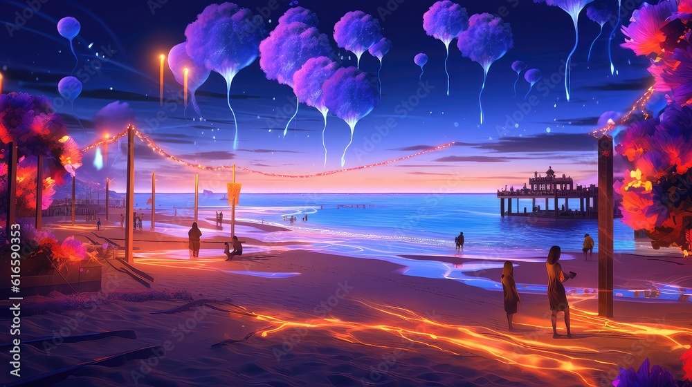 Neon fantasy sea beach for background on presentation, metavarse ...