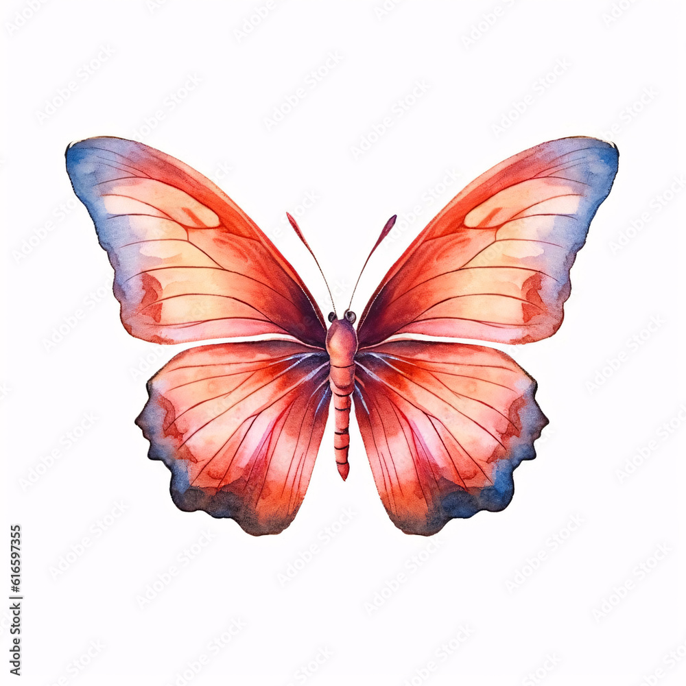 Red butterfly watercolor, cartoon watercolor illustration. Cute hand ...