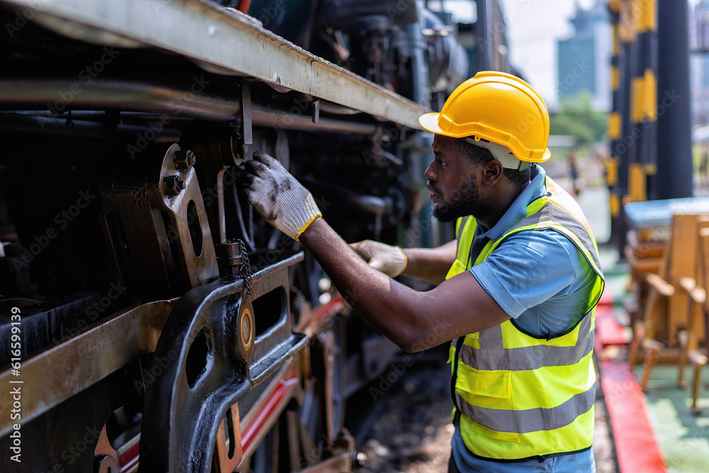 Engineer railway wearing safety gear checking train transmittal system ...