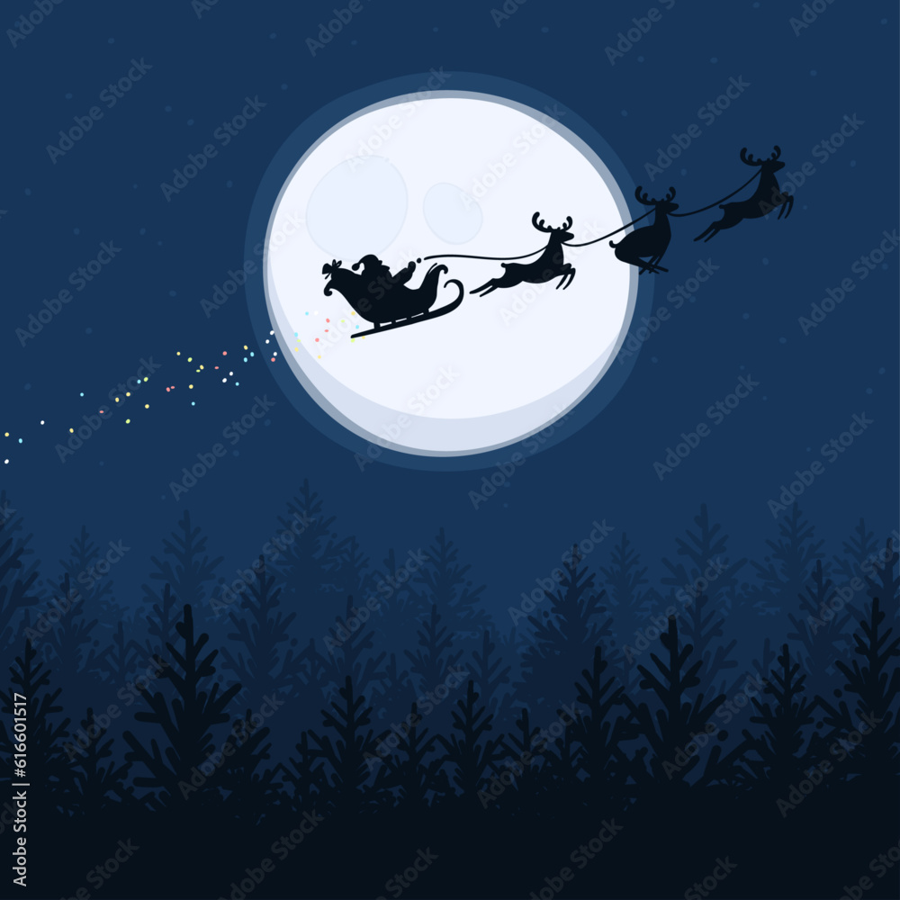 santa claus and sleigh silhouette flying across night sky with a full ...