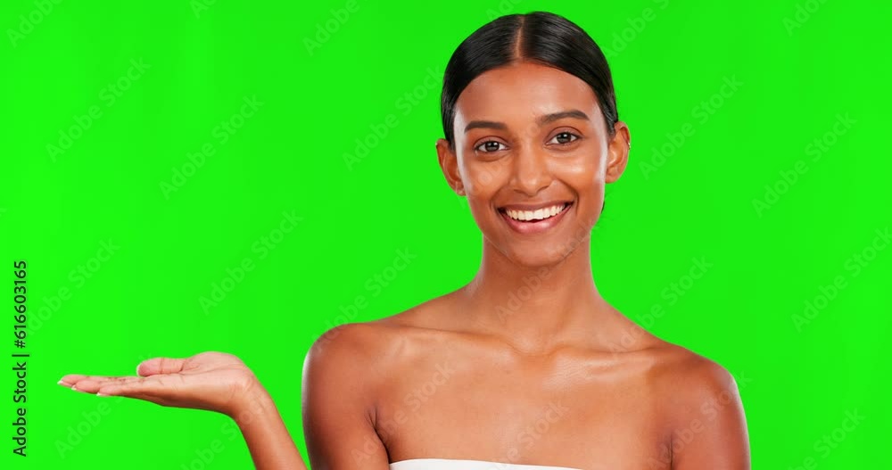 Green screen, face or hand of Indian woman for beauty product in studio ...