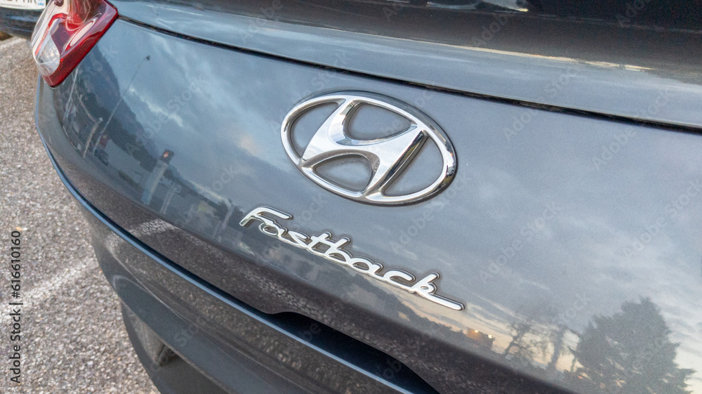 Hyundai fastback logo brand and sign text rear modern sport coupe car ...