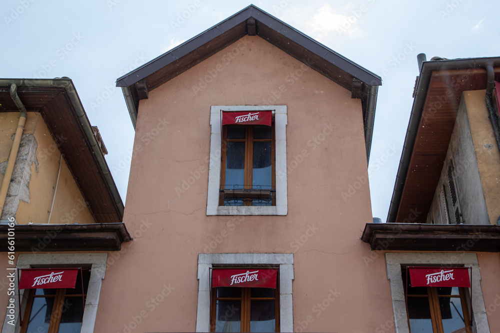fischer beer brewery restaurant sign logo and brand text on facade wall ...