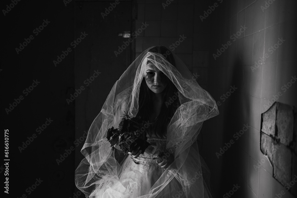 Ghost in haunted house, mysterious woman bride in white dress standing ...