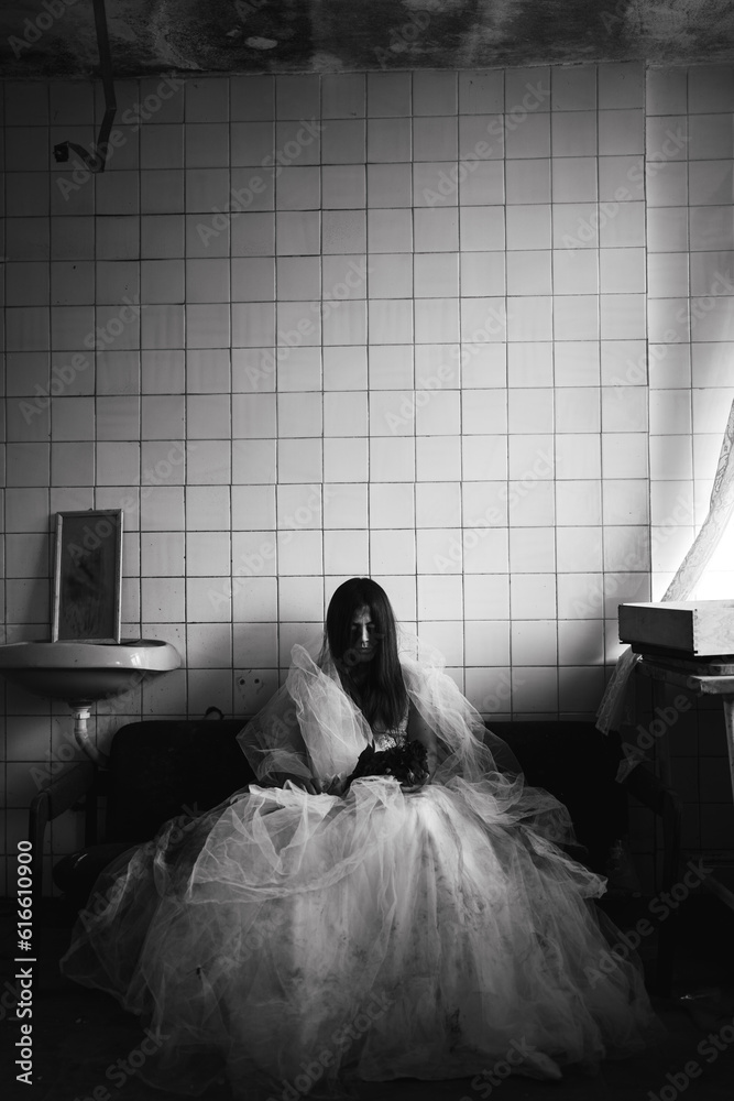 Creepy lone bride sitting in haunted abandoned house at night. Horror ...