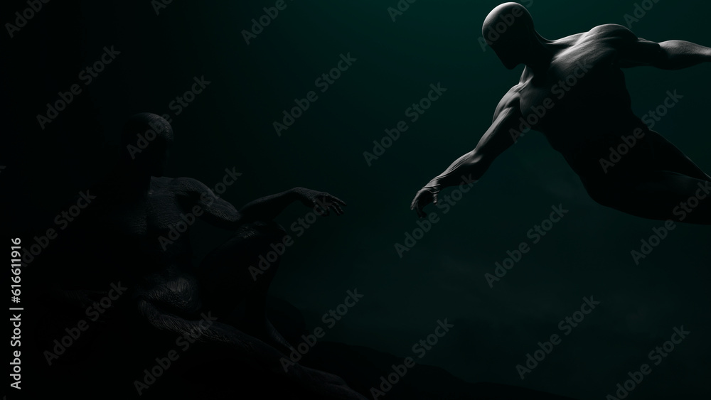 creation of Adam in 3d, the creator and the creation, mystical figures ...
