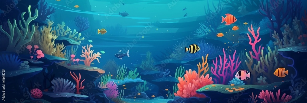 Underwater cartoon flat background with fish silhouette, seaweed, coral ...