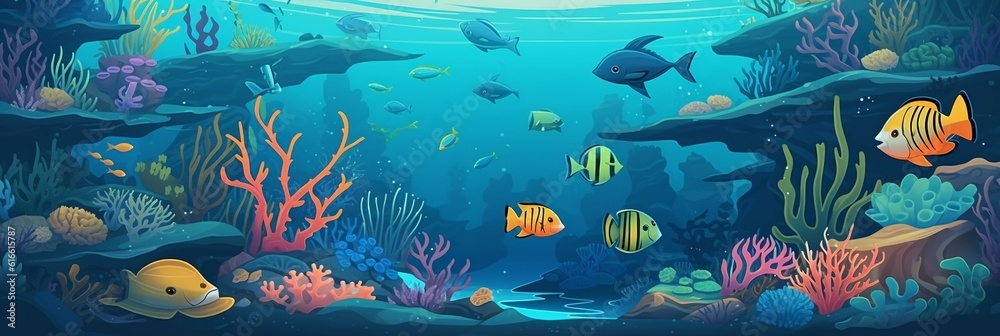 Underwater cartoon flat background with fish silhouette, seaweed, coral ...