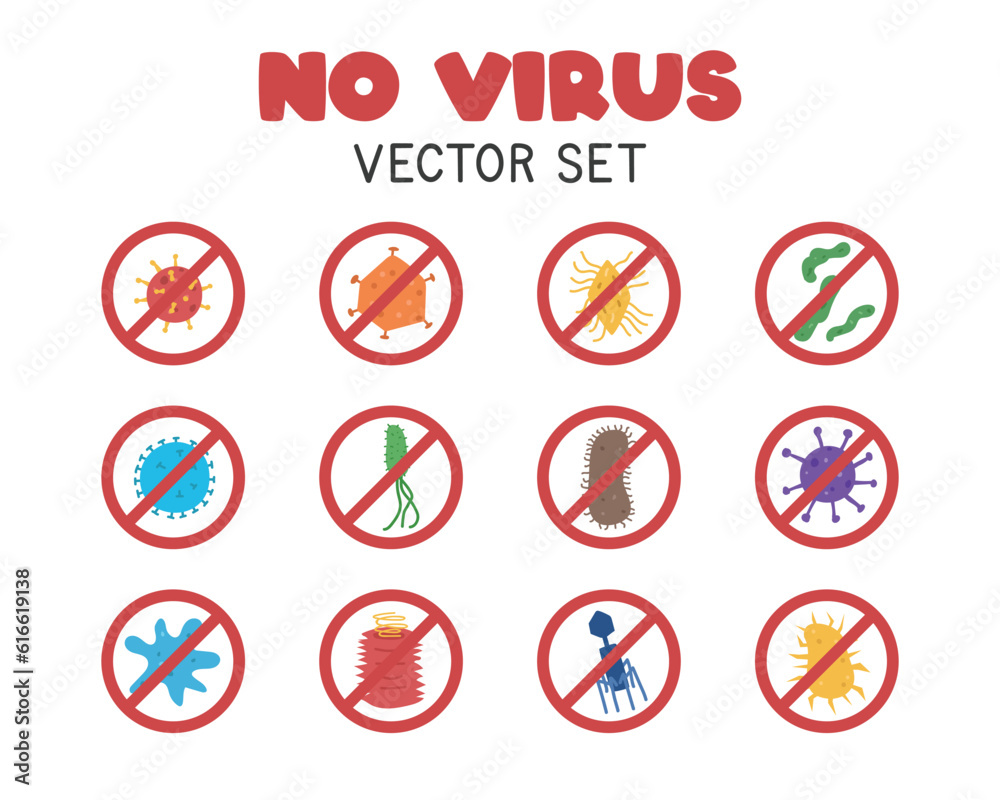 No virus vector set. Colorful virus, bacteria, and germs with banned ...