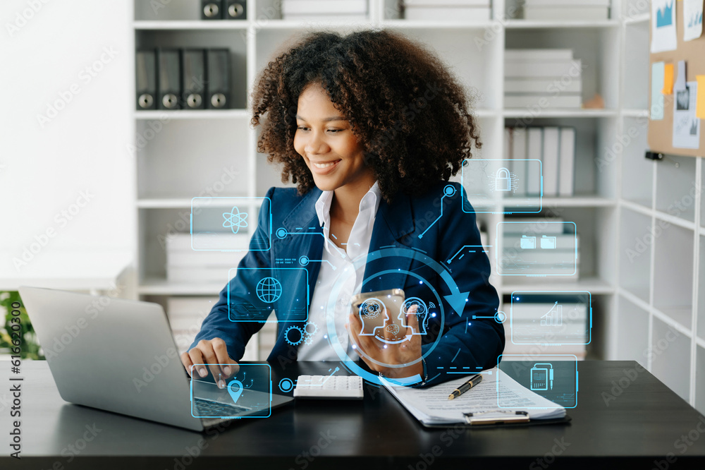 African Woman using chat bot in smartphone intelligence Ai. Chat with ...