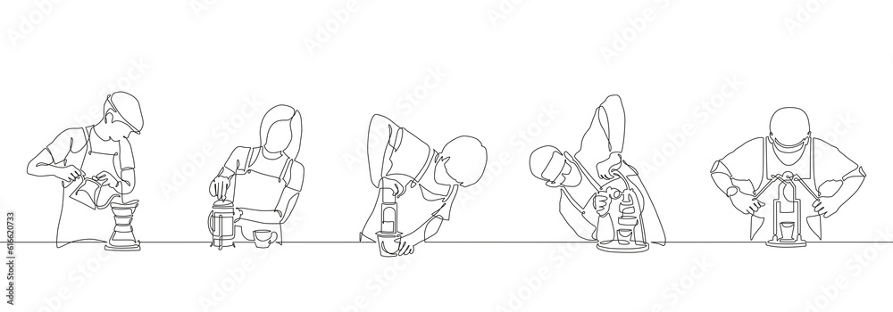 Continue line of barista making coffee. Line art drawing of staff ...