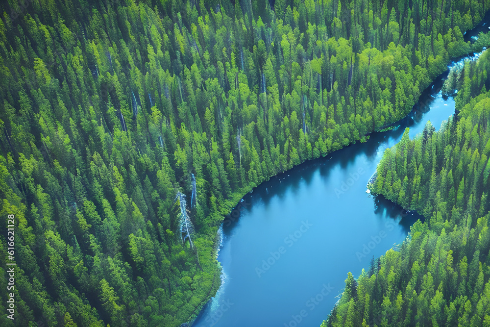 birds eye view of a canadian forest and river (AI-generated fictional ...