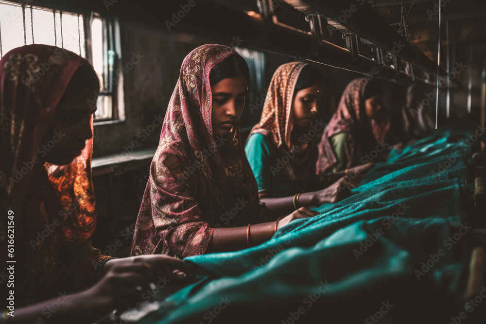 Asian child labour in fashion textile industry - many young teenage ...