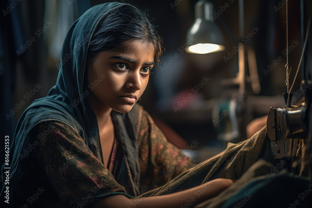 Asian child labour in fashion textile industry - young teenage working ...